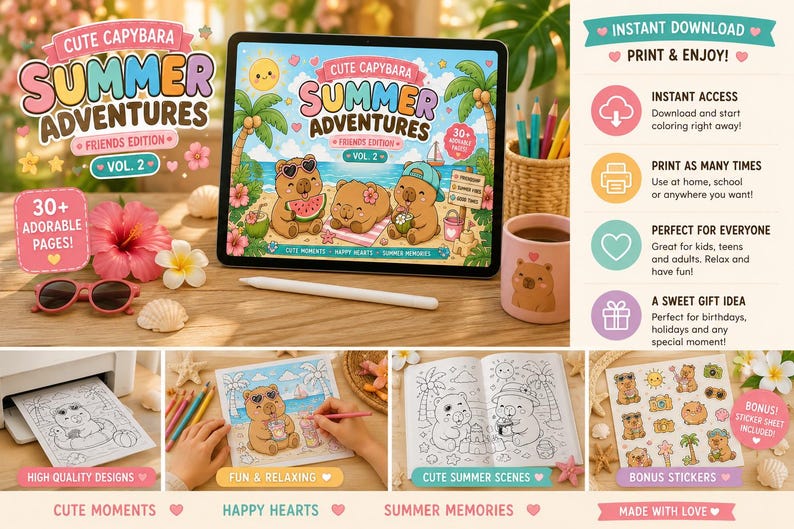 Capybara Summer Adventures Coloring Book | Tropical Friends, Kawaii PDF ...