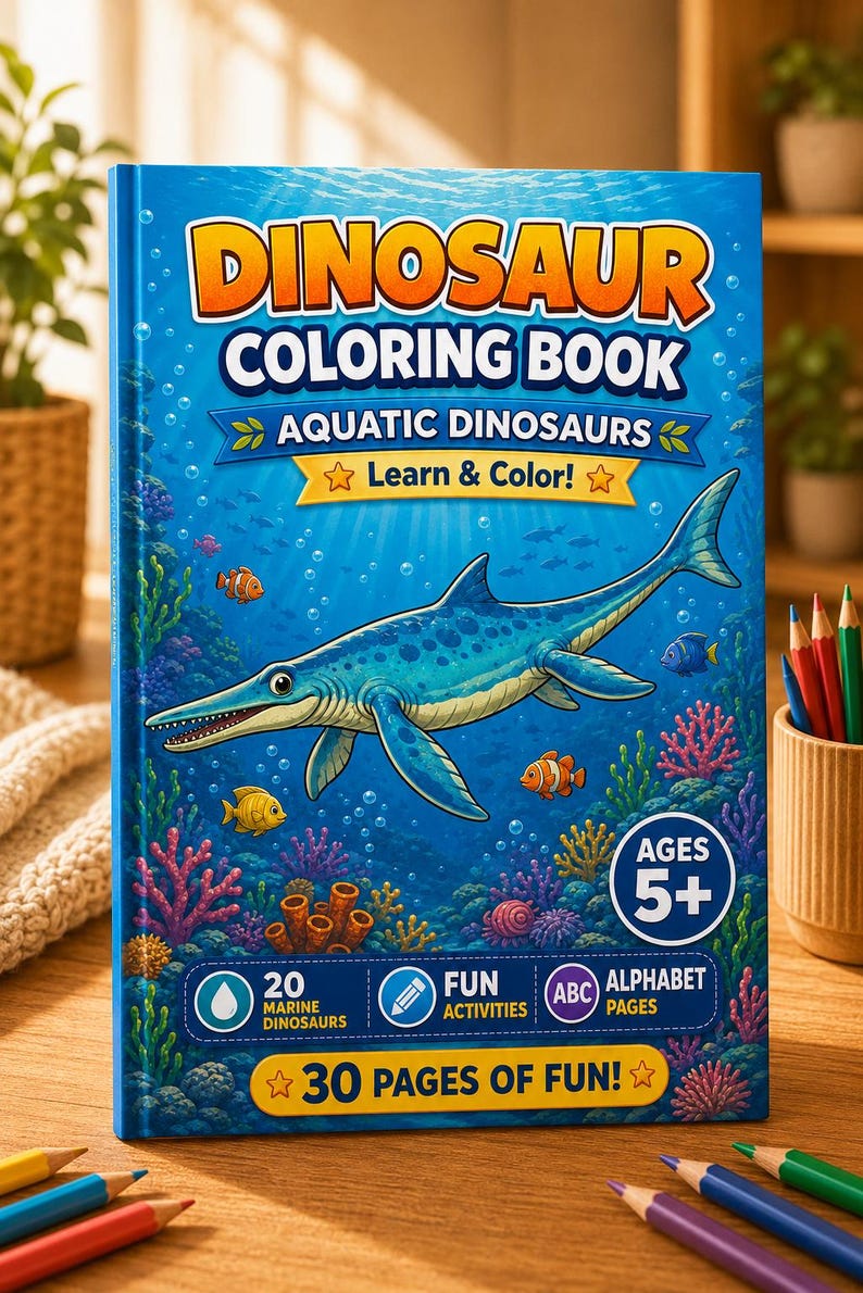 Aquatic Dinosaur Coloring Book for Kids Ages 5+, Alphabet & Activity ...