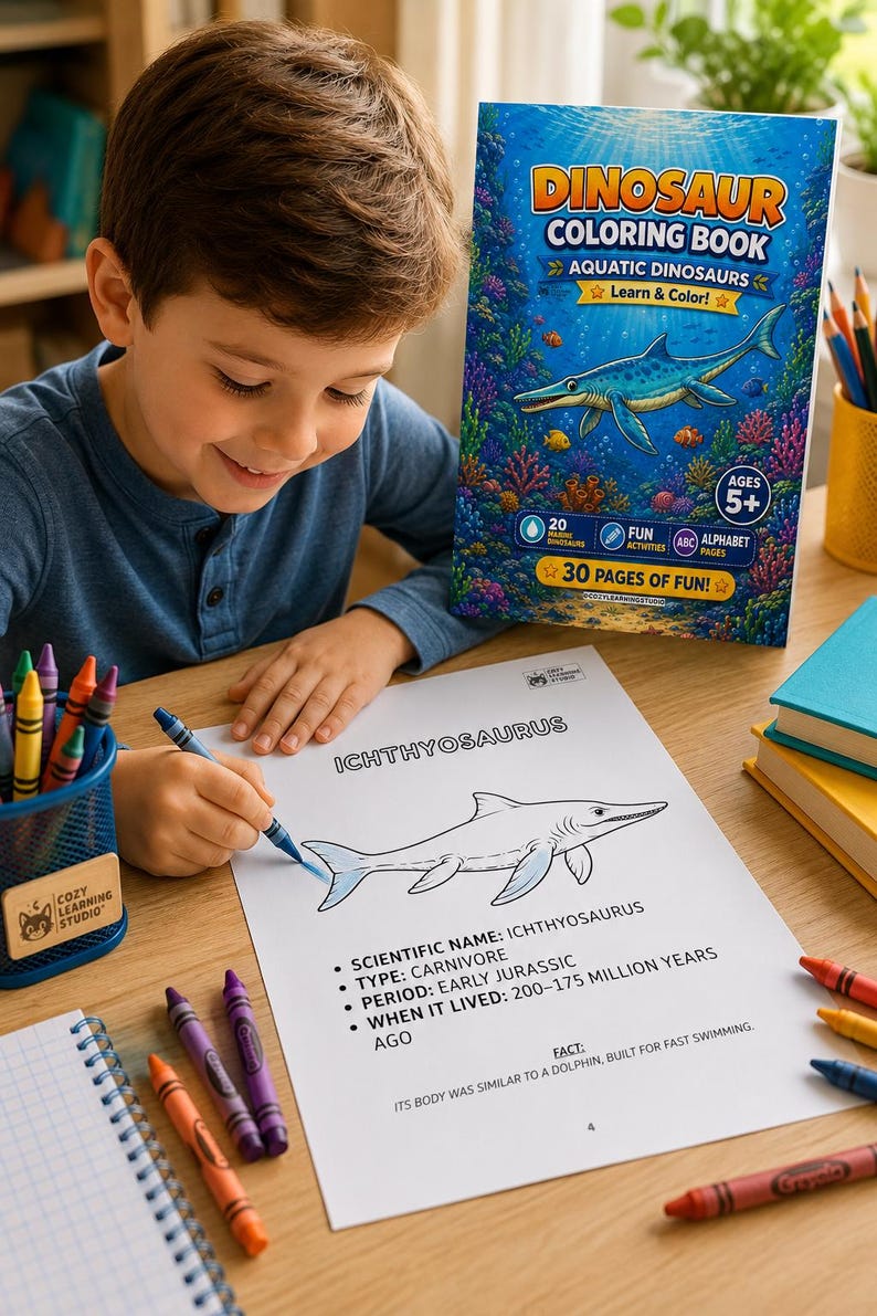 Aquatic Dinosaur Coloring Book for Kids Ages 5+, Alphabet & Activity ...