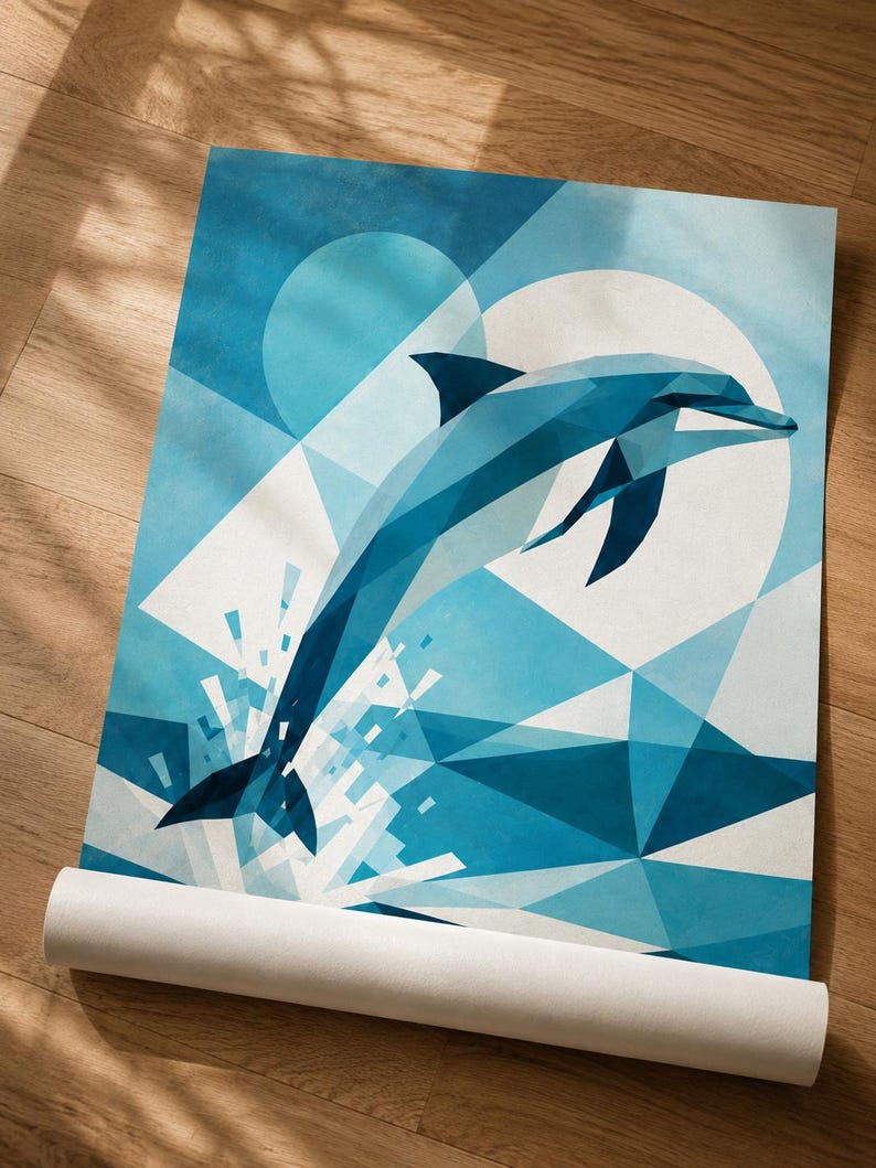 Geometric Dolphin Print, Abstract Ocean Wall Art, Coastal Marine Decor ...