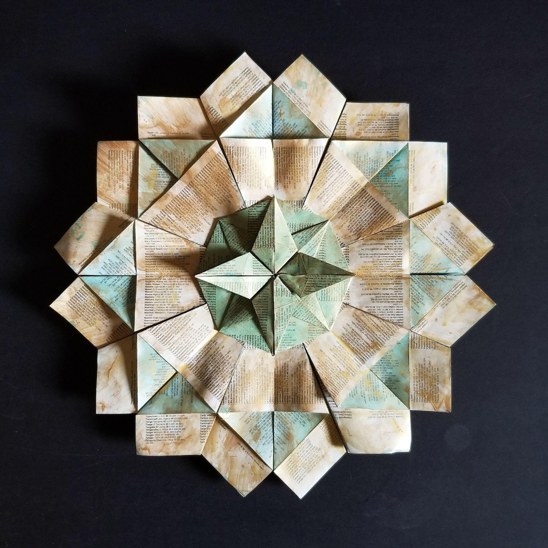 Origami Paper Wall Sculpture - 13.75" Recycled Atlas Index Paper Wreath ...