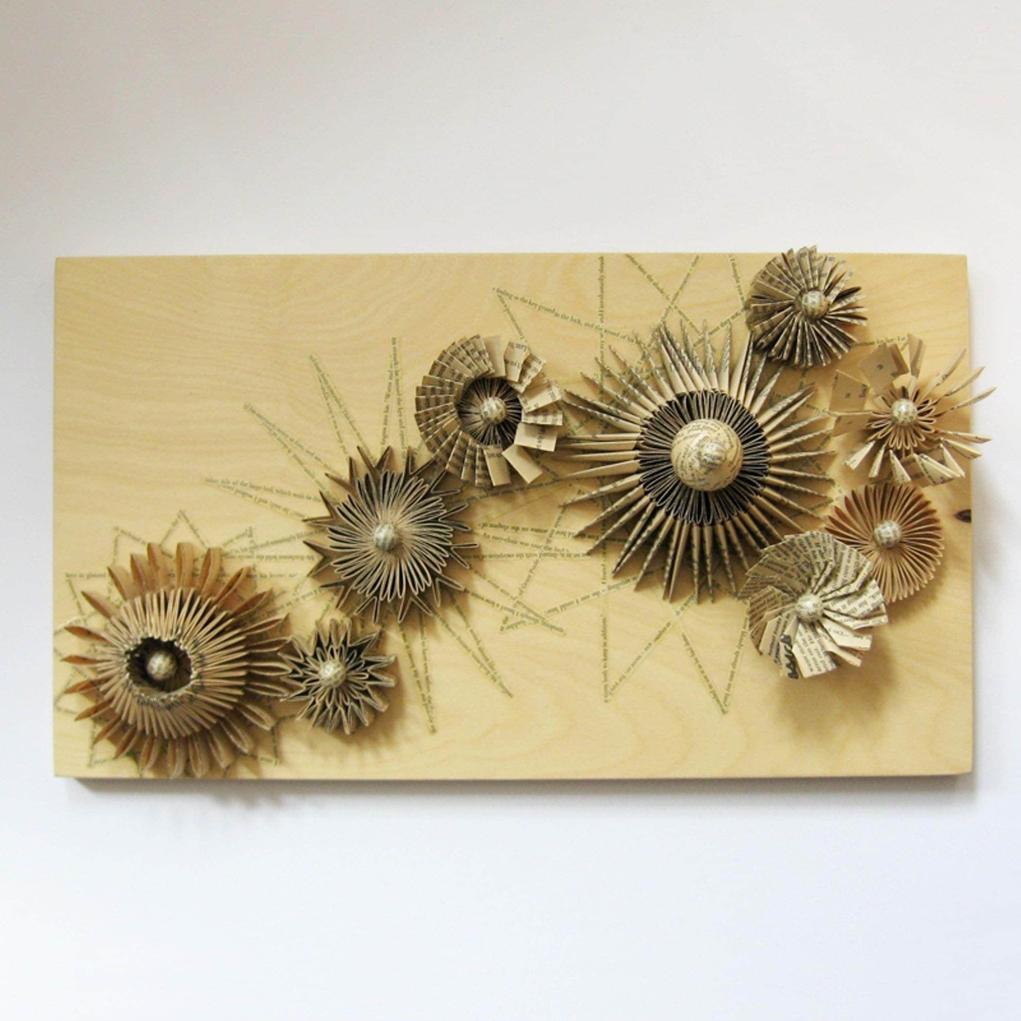 Folded Book Paper Cogs Wall Sculpture - 17.5x10" Collage Art on Birch ...
