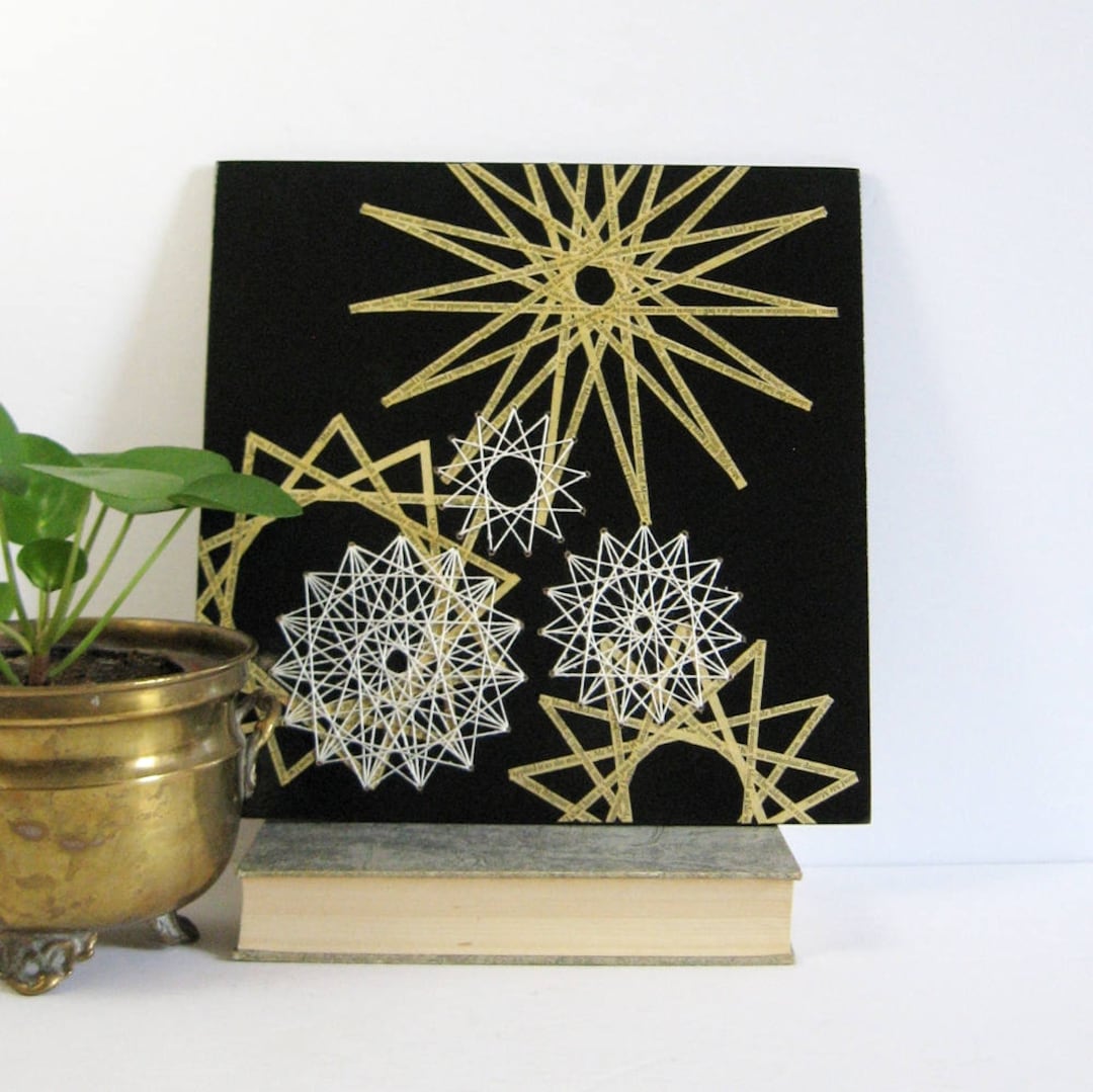 Book Paper Collage W String Art Star Embroidery 10x10 Square Black and ...