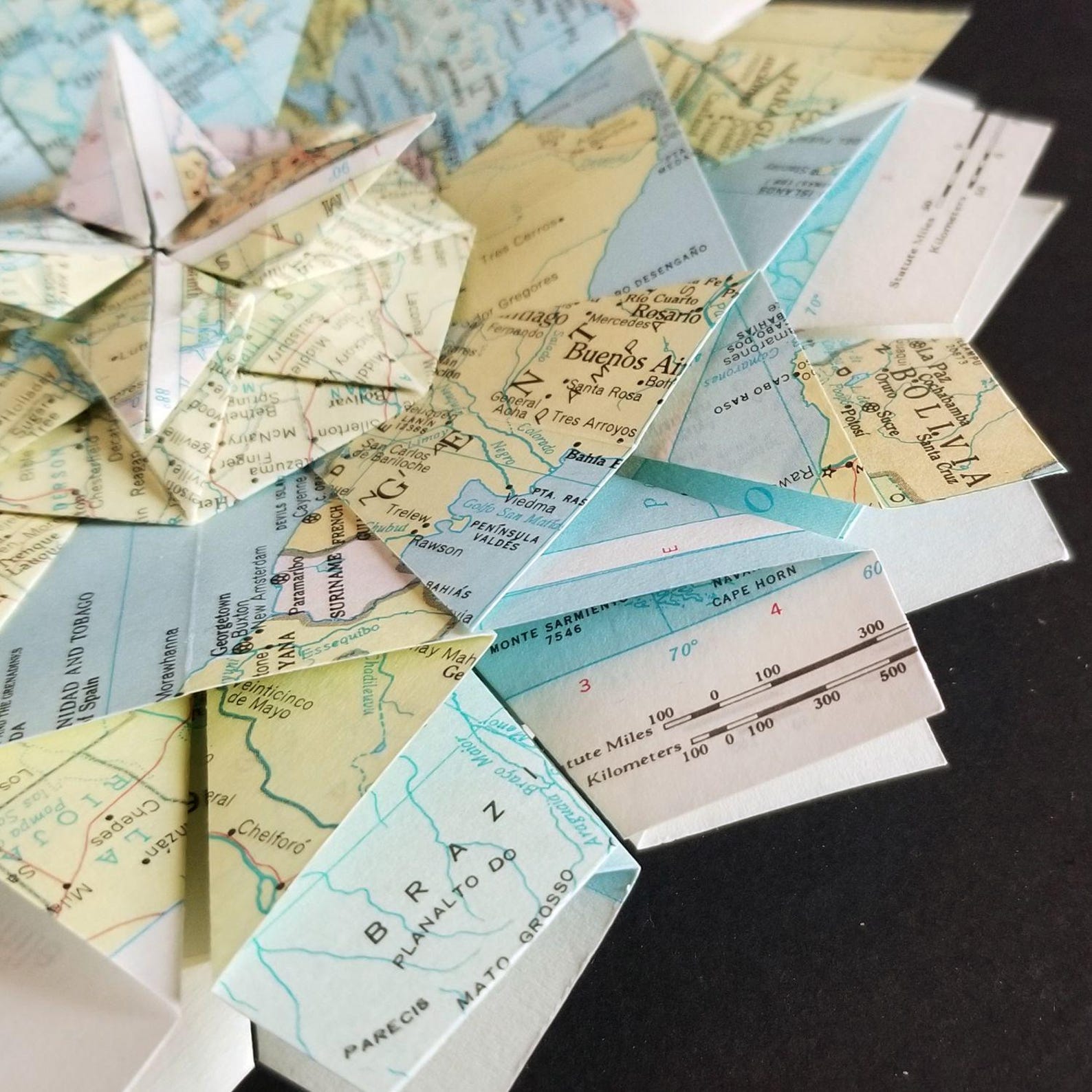 Map Paper Wall Sculpture - 7" Origami Paper Wreath - Compass Rose Art ...