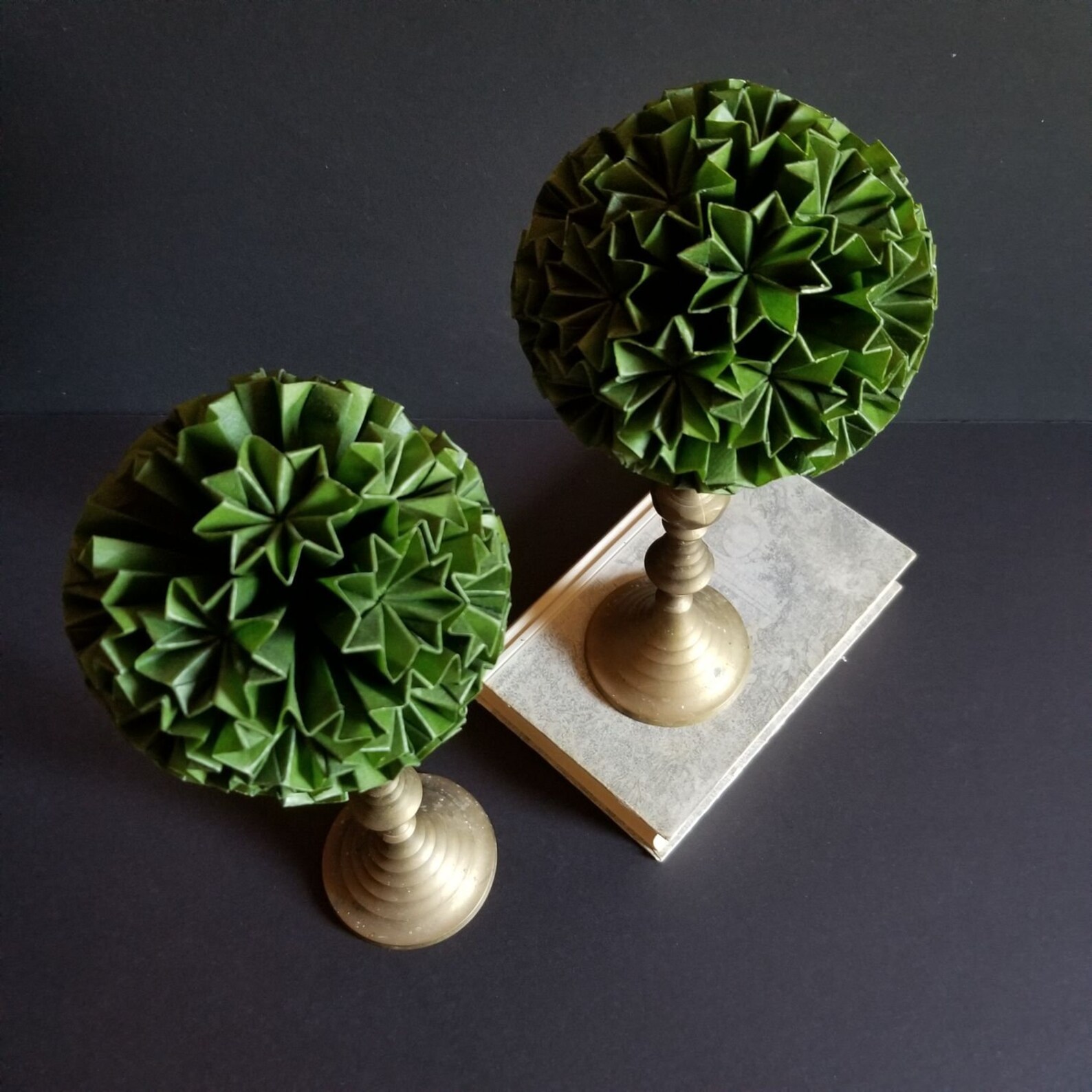 Pair of Green Paper Topiary Sculptures on Brass Pedestals - Etsy