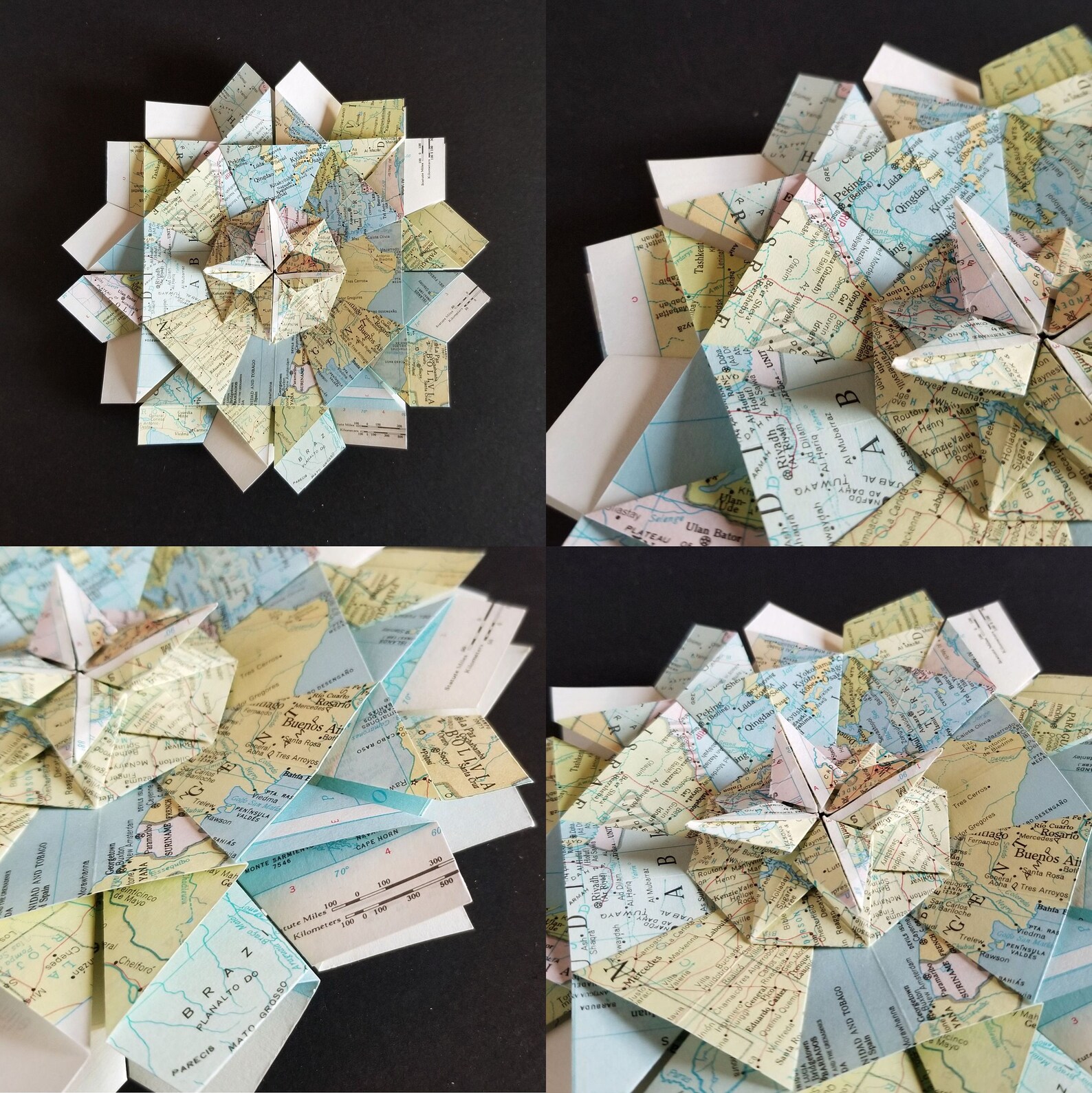 Map Paper Wall Sculpture - 7" Origami Paper Wreath - Compass Rose Art ...