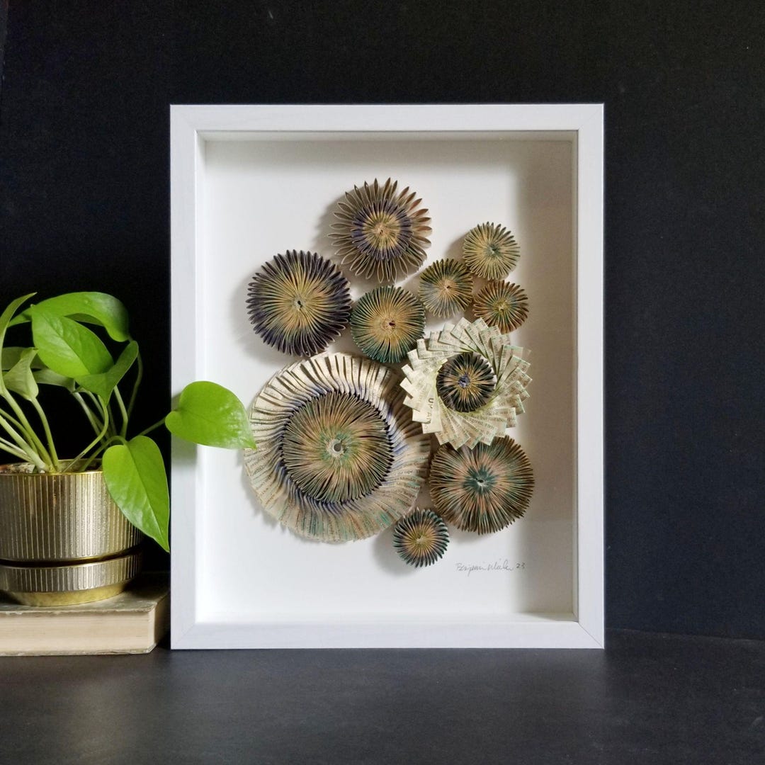 Framed Book Paper Cogs Sculpture in Blue & Gold - 11x14" White Shadow ...