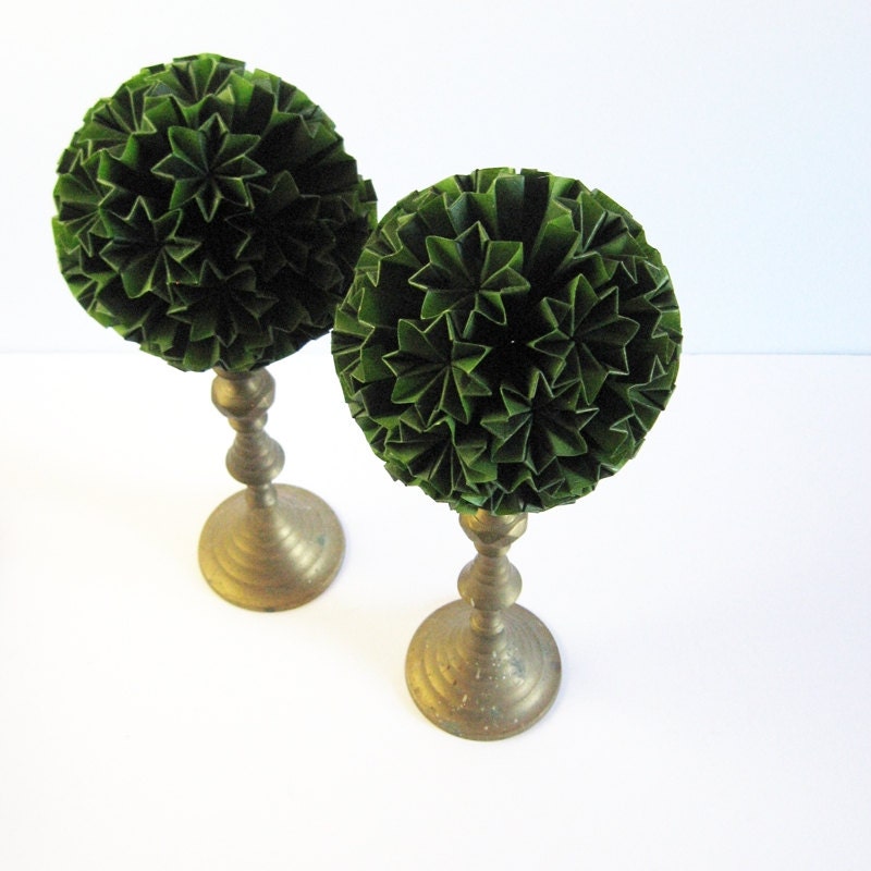 Pair of Green Paper Topiary Sculptures on Brass Pedestals | Etsy