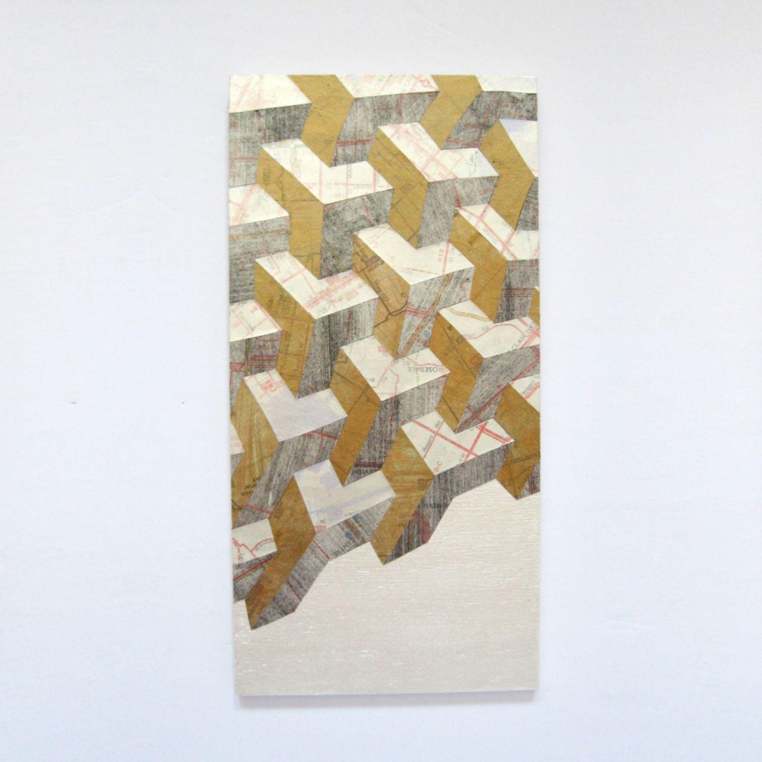 Metallic Map Paper Collage Art - 9x4.5" Geometric Cityscape Painting ...