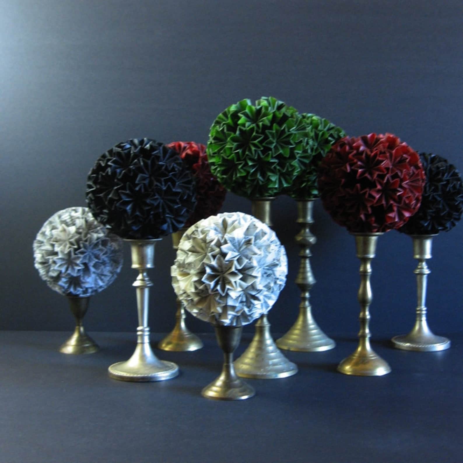 Pair of Green Paper Topiary Sculptures on Brass Pedestals - Etsy