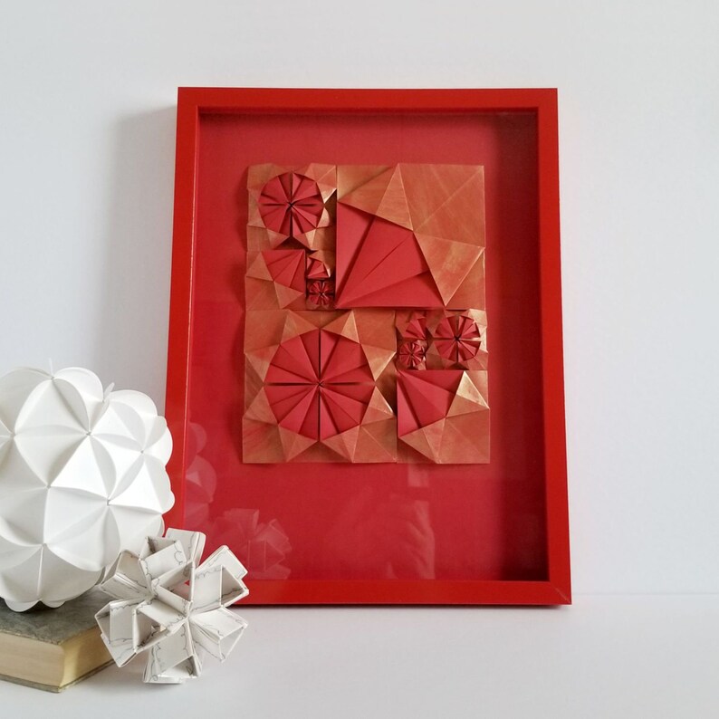 Red Origami Art - 13x17" Framed Metallic Gold Fibonacci Spiral Art - Etsy