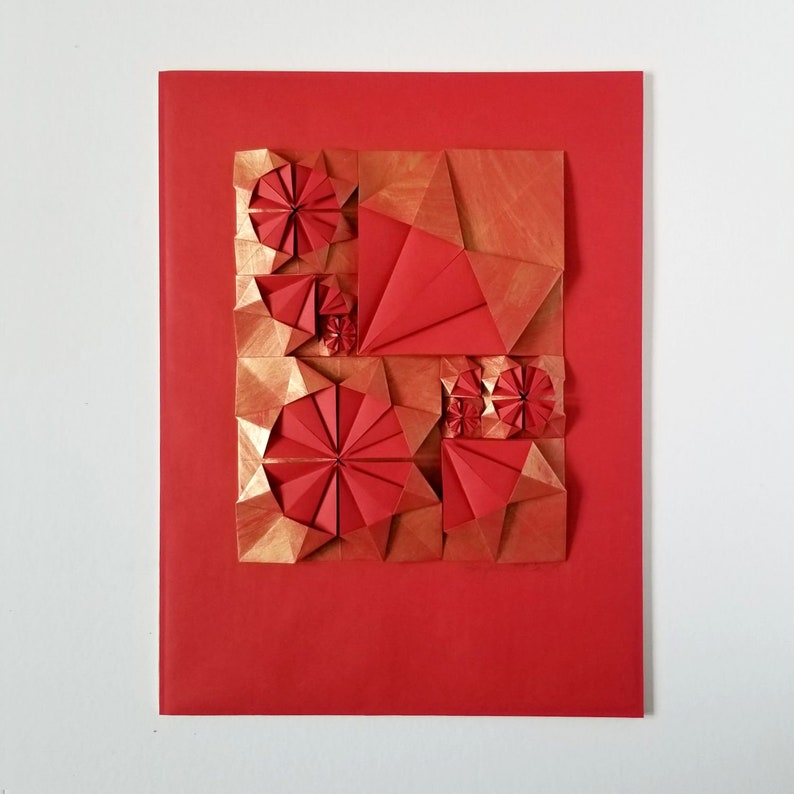 Red Origami Art - 13x17" Framed Metallic Gold Fibonacci Spiral Art - Etsy