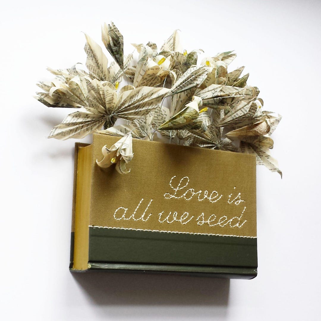 Origami Flower Garden Wall Hanging Sculpture - Recycled Book Paper Art W Inspirational Quote ...