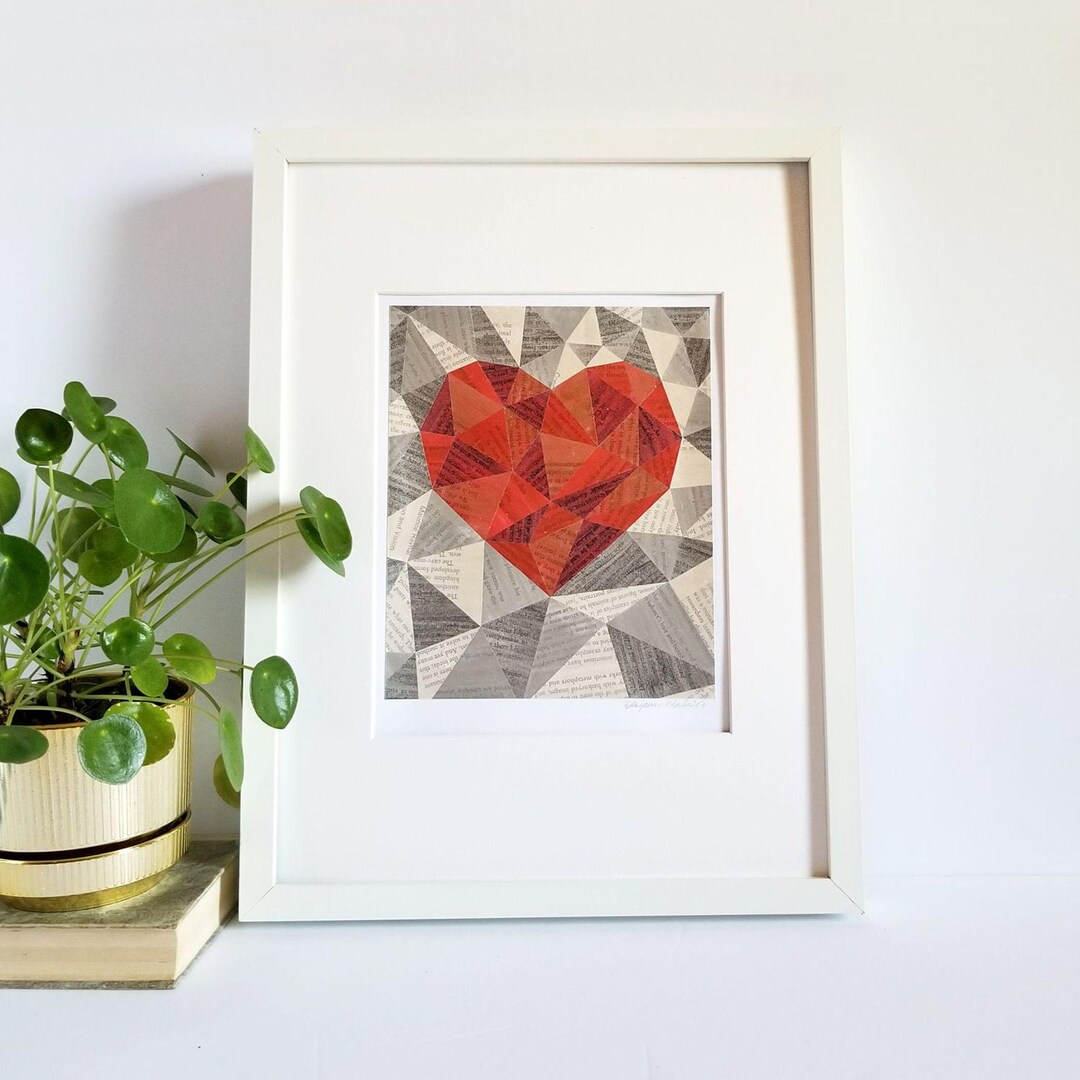 Geometric Red Heart Art - Mixed Media Book Paper Collage Art in ...