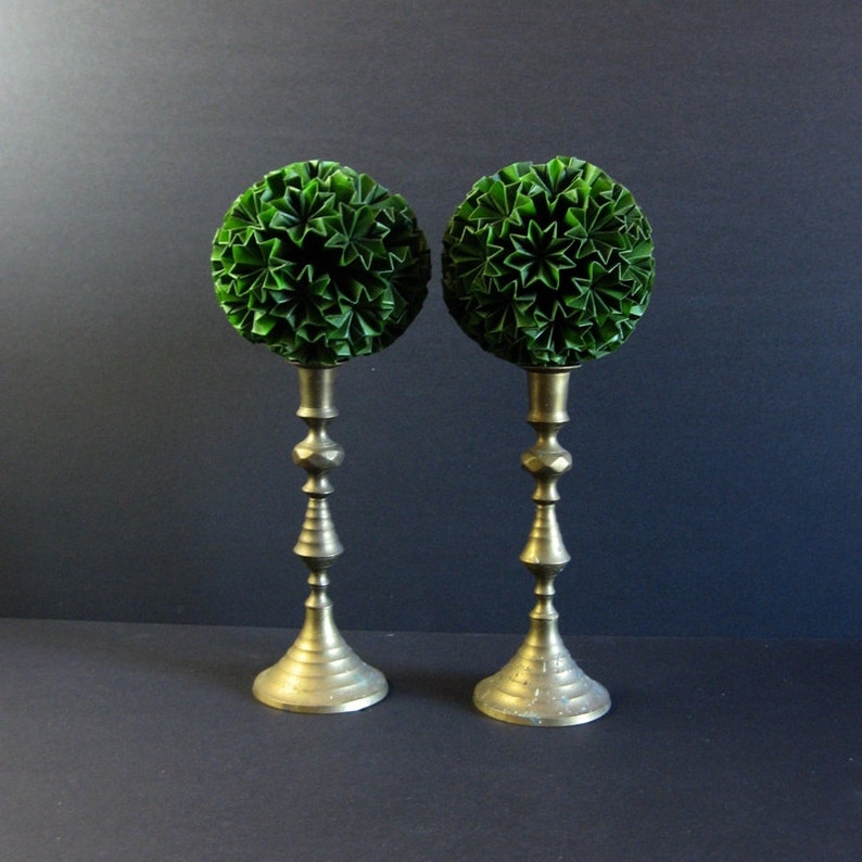 Pair of Green Paper Topiary Sculptures on Brass Pedestals - Etsy