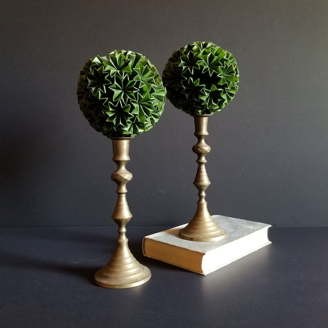 Pair of Green Paper Topiary Sculptures on Brass Pedestals 12 Tall Globe ...