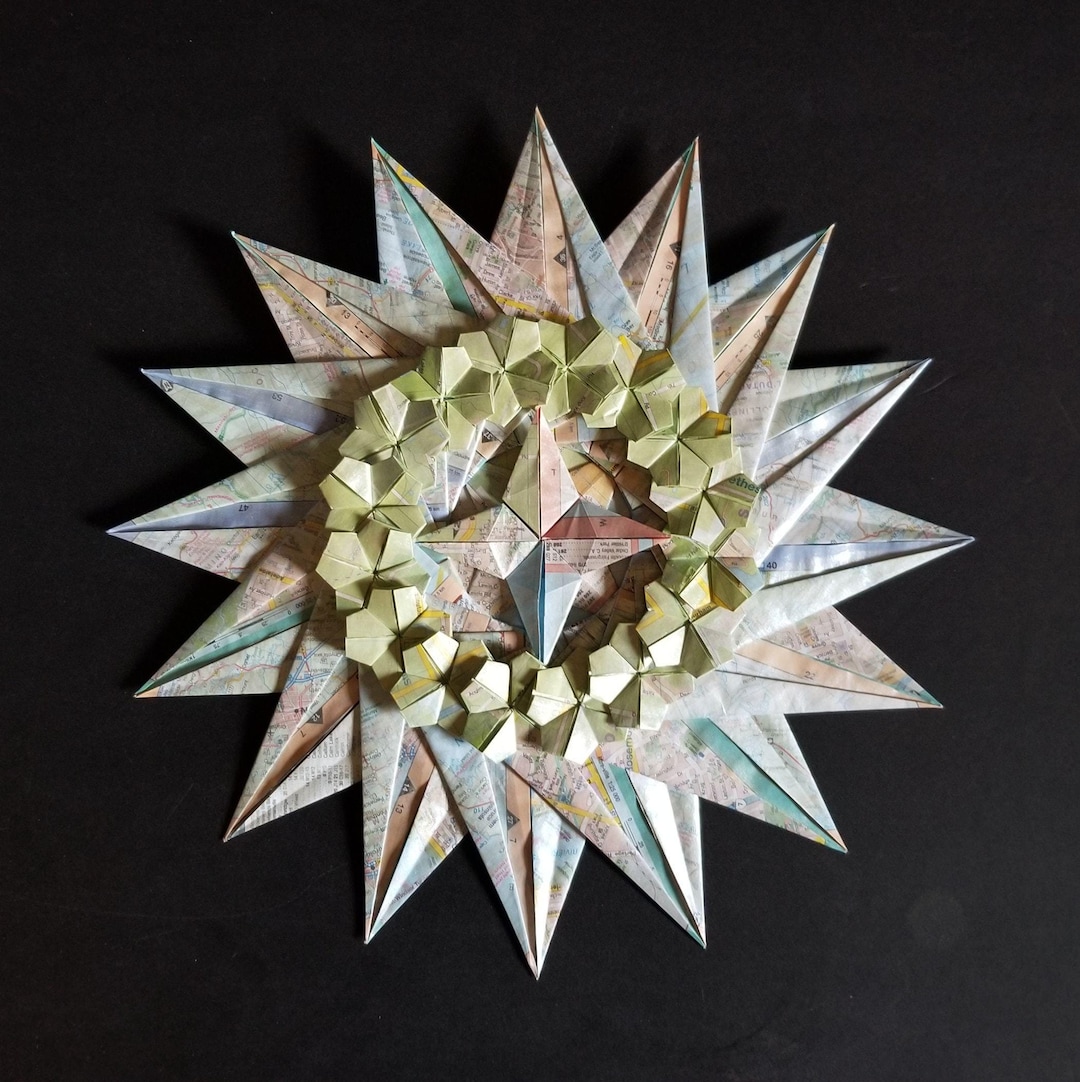 Origami Starburst Wall Sculpture - 13" Recycled Map Paper Wreath ...