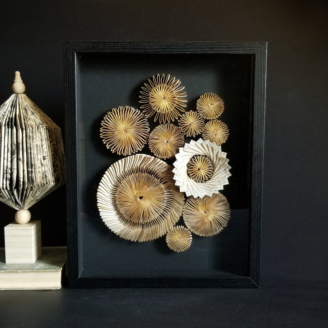 Framed Gold Book Paper Cogs Sculpture 11x14 Framed Black Shadow Box Art ...