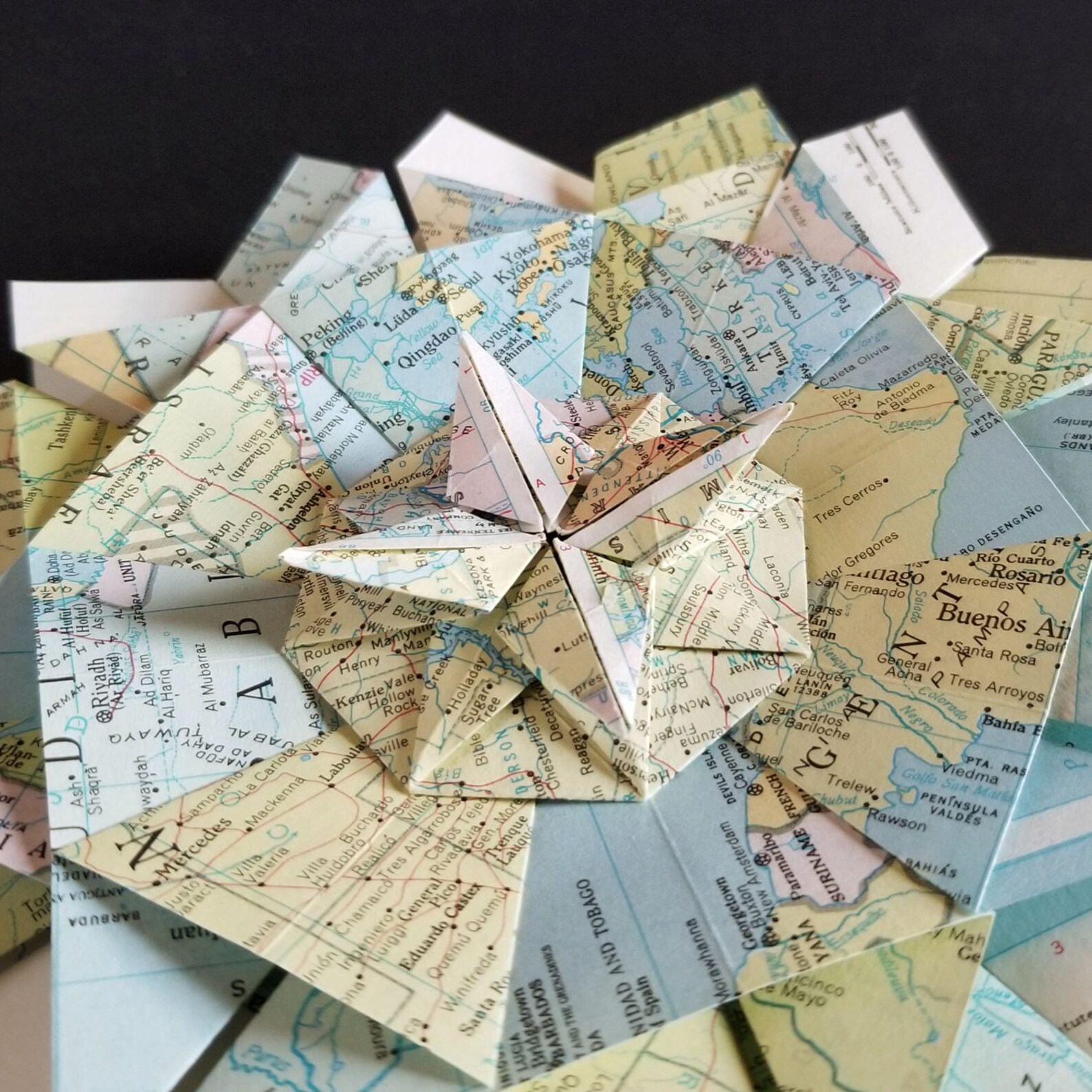 Map Paper Wall Sculpture - 7" Origami Paper Wreath - Compass Rose Art ...