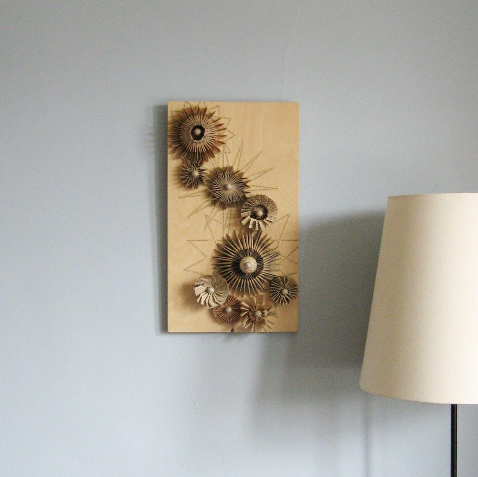 Folded Book Paper Cogs Wall Sculpture - 17.5x10" Collage Art on Birch ...
