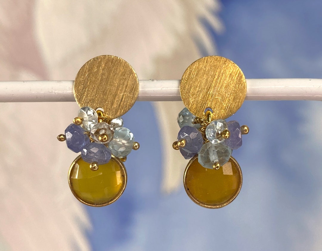 Brushed Gold Disks With Blue Clusters and Chalcedony Earrings, Gemstone ...