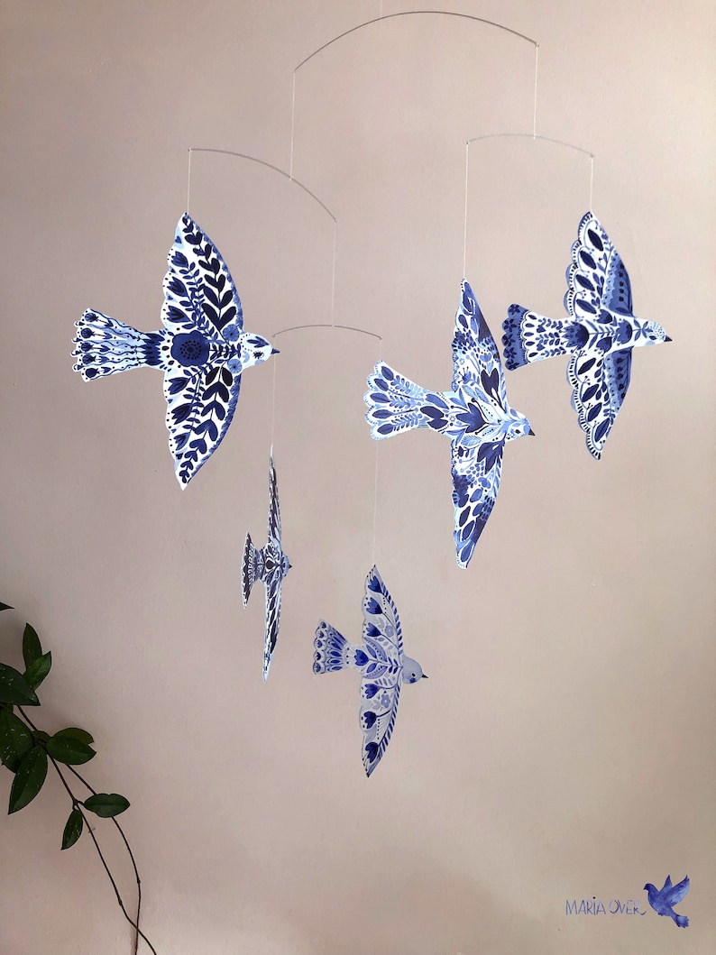 Bird Mobile Soaring Birds – watercolored paper birds on handmade mobile ...
