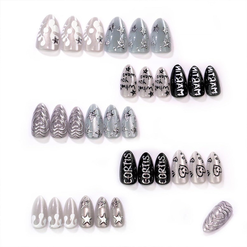 Y2K Press on Nails: Silver Heart Star Black Glitter Almond False Nails ...