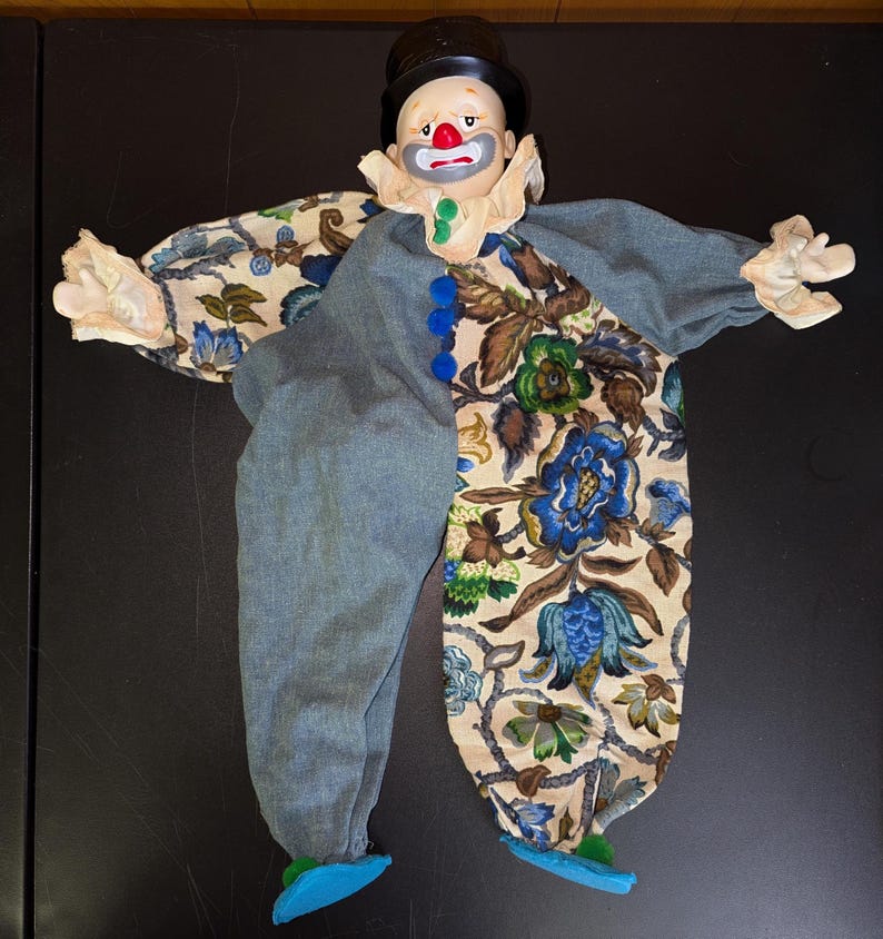 Vintage Clown Doll 25" Plastic Head, Cloth Body - Handmade - Sitter ...