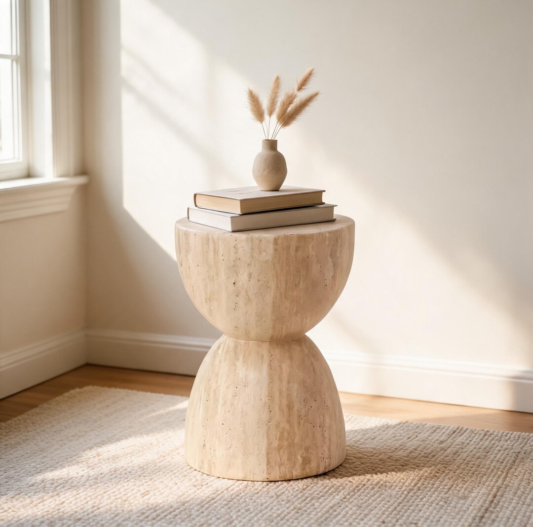 Troia Light Natural Travertine Boho End Side Table Honed Finish Organic ...