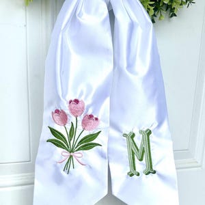 Personalized Satin Wreath Sash, Embroidered Tulips, Custom Monogram ...
