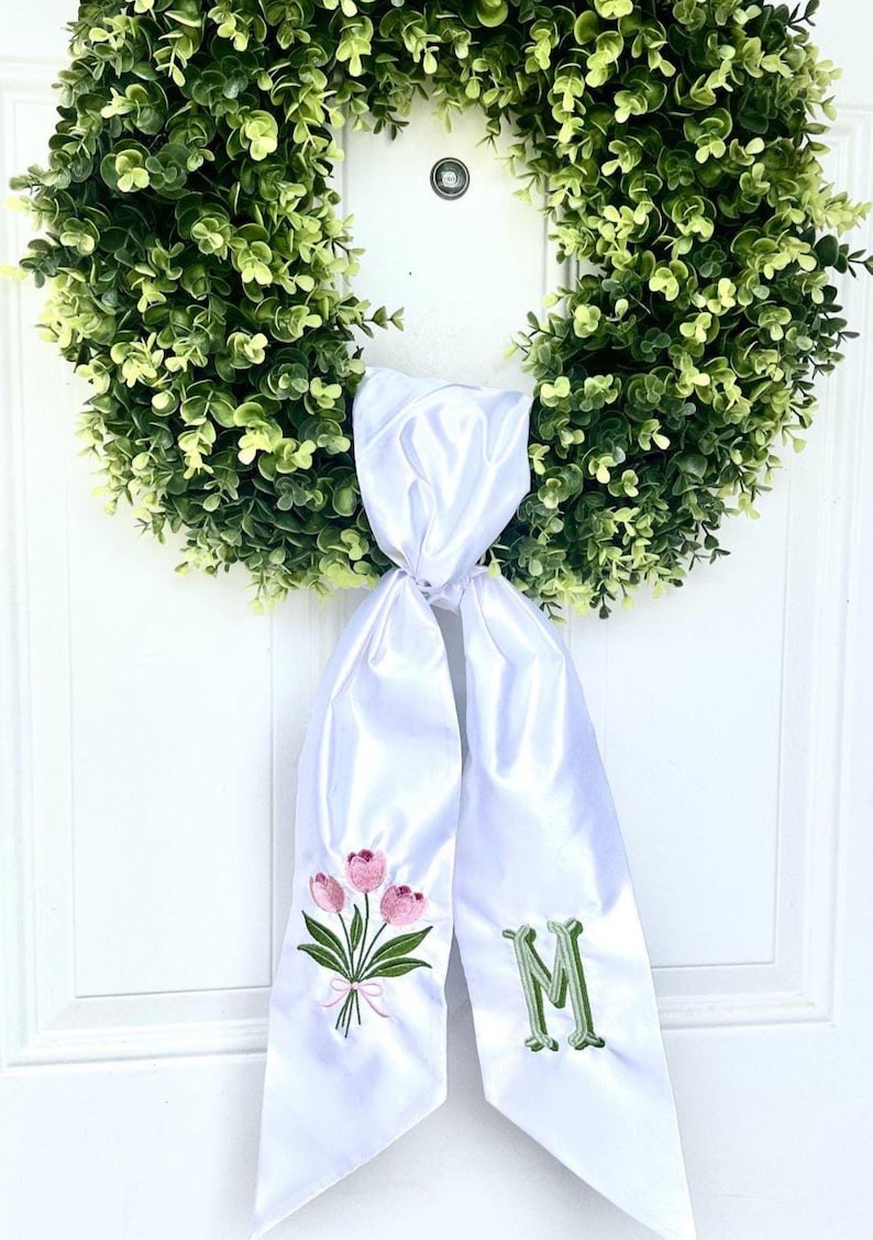 Personalized Satin Wreath Sash, Embroidered Tulips, Custom Monogram ...