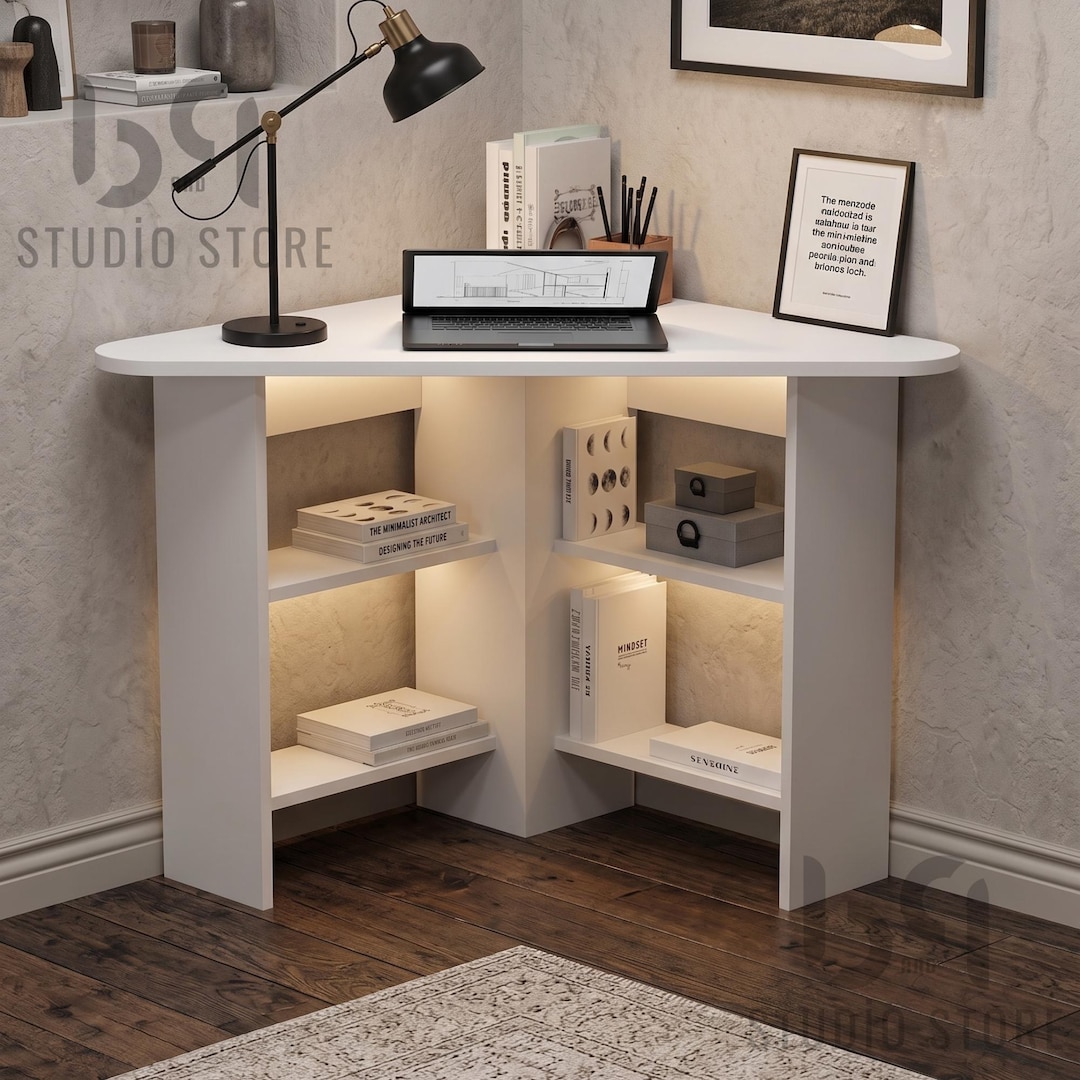 Handmade White Corner Desk, Modern Computer Table, Compact Home Office ...