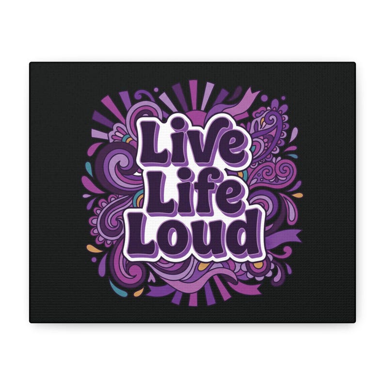 Live Life Loud Purple on Black Matte Stretched Canvas Wall Art, Retro ...