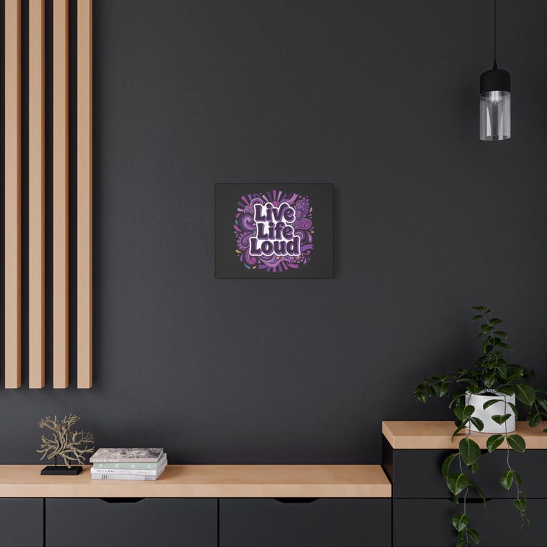Live Life Loud Purple on Black Matte Stretched Canvas Wall Art, Retro ...