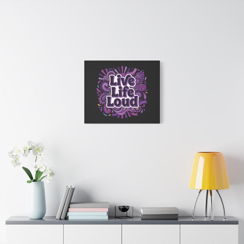 Live Life Loud Purple on Black Matte Stretched Canvas Wall Art, Retro ...