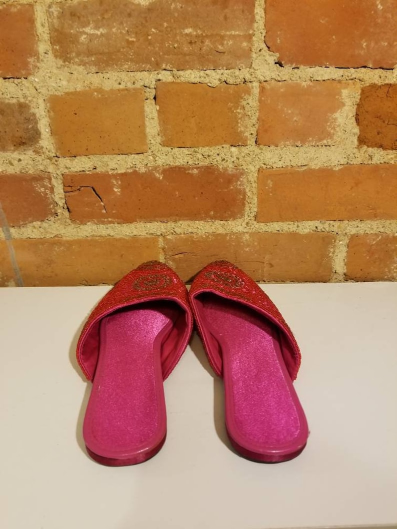 HOT PINK MULES // Vintage Beaded Ethnic Moroccan Slip on Flats Preppy ...