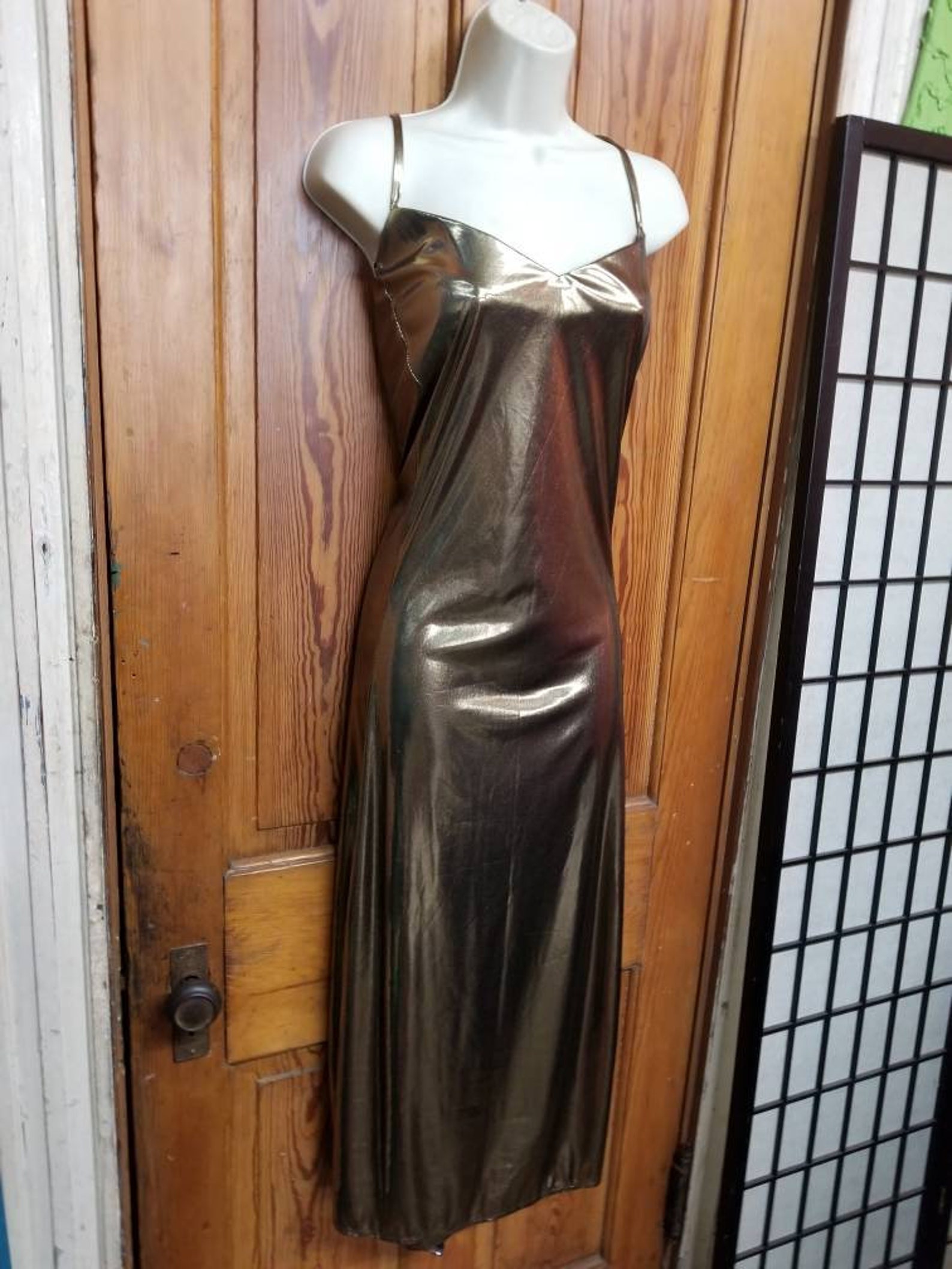LIQUID GOLD DRESS // Vintage Metallic Solid Gold Slip Dress - Etsy