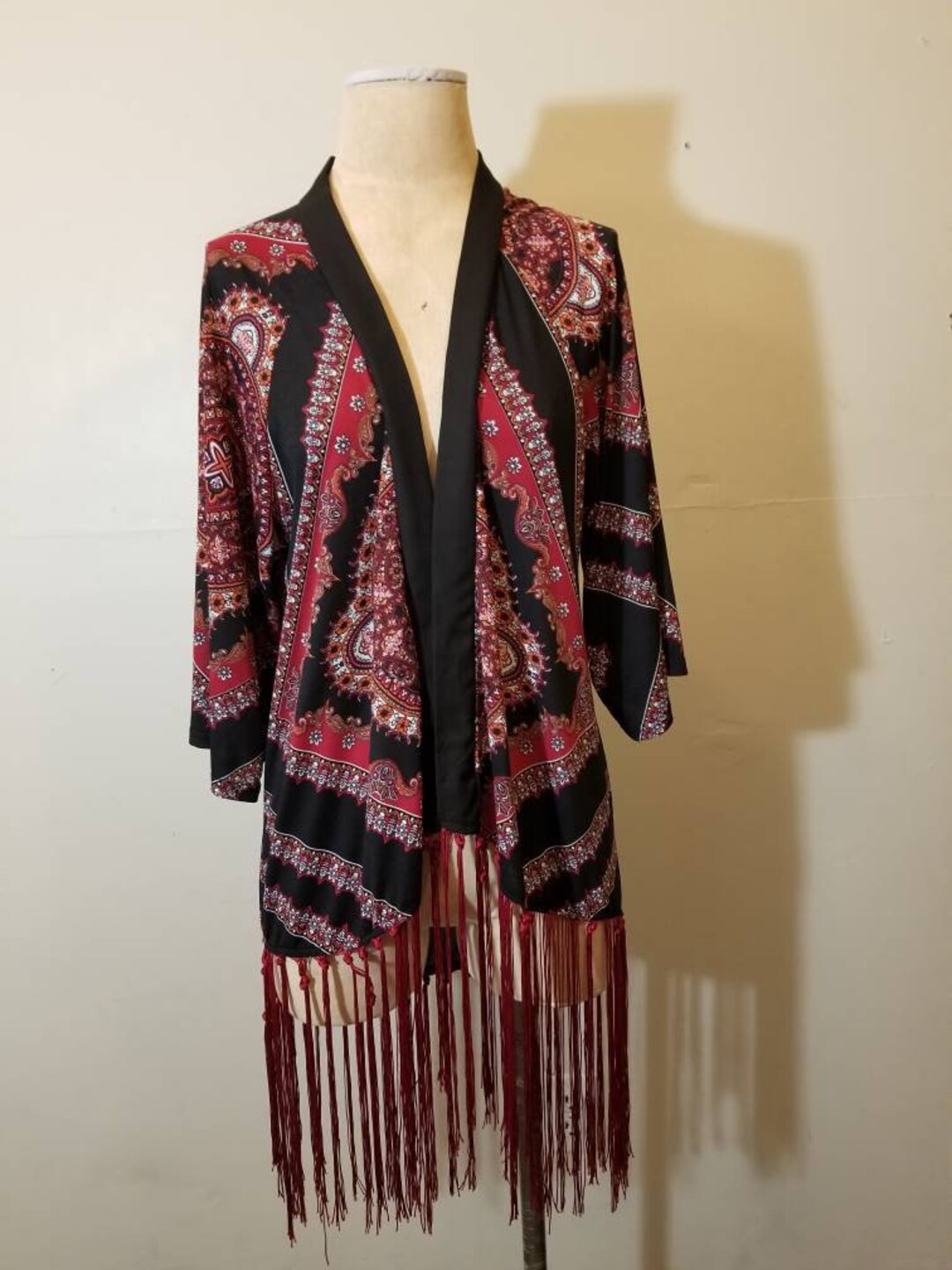 BOHEMIAN FRINGE DUSTER // 90's Black Red Boho Fringe Sexy Festival ...