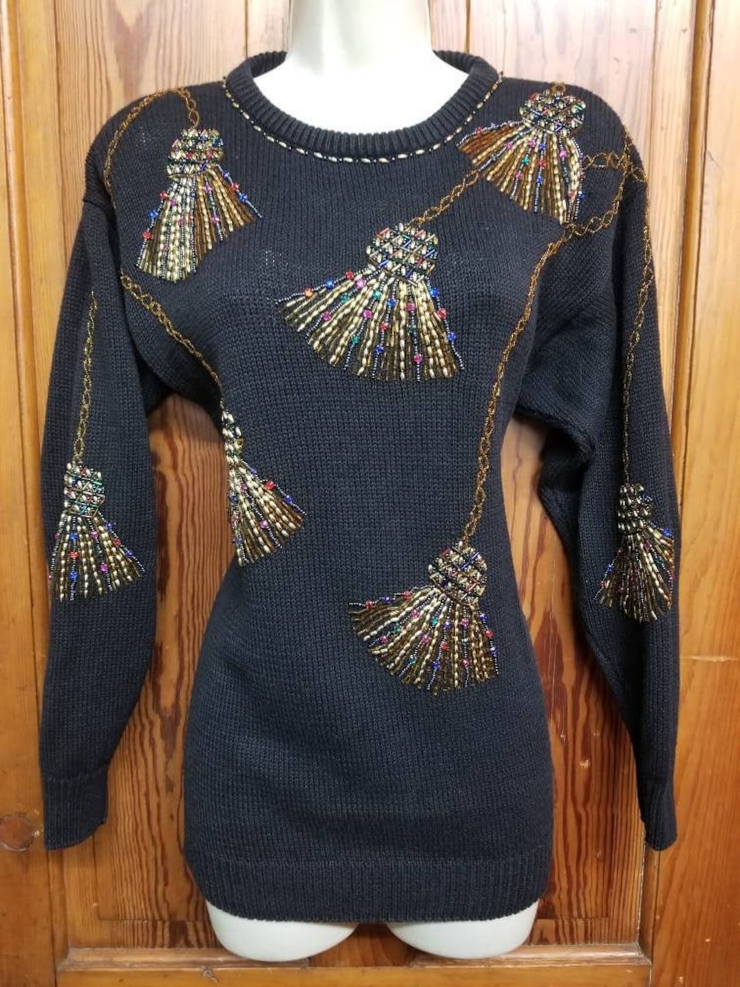 BEJEWELED TASSEL SWEATER // 80's Vintage Metallic Rainbow Rhinestone ...