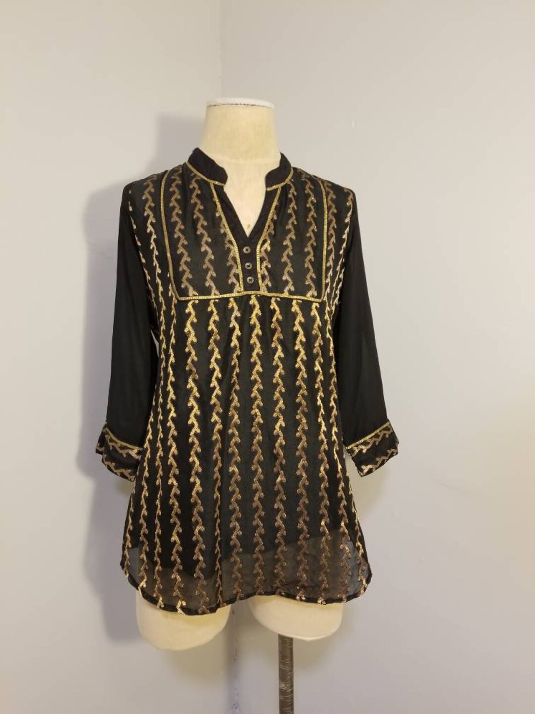 VINTAGE BIBA TOP // Metallic Gold Copper Black Button Down Long Tunic ...