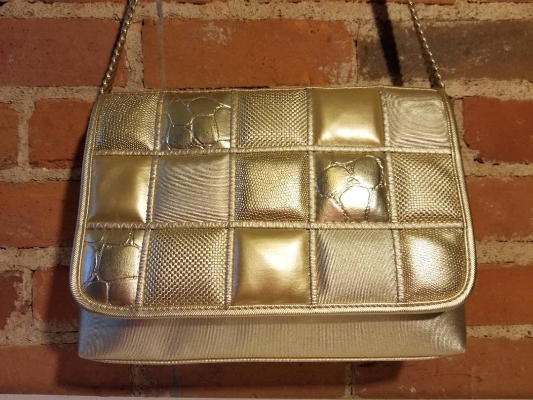VINTAGE PATCHWORK PURSE // 80's Metallic Gold Tianni Patchwork Textured ...