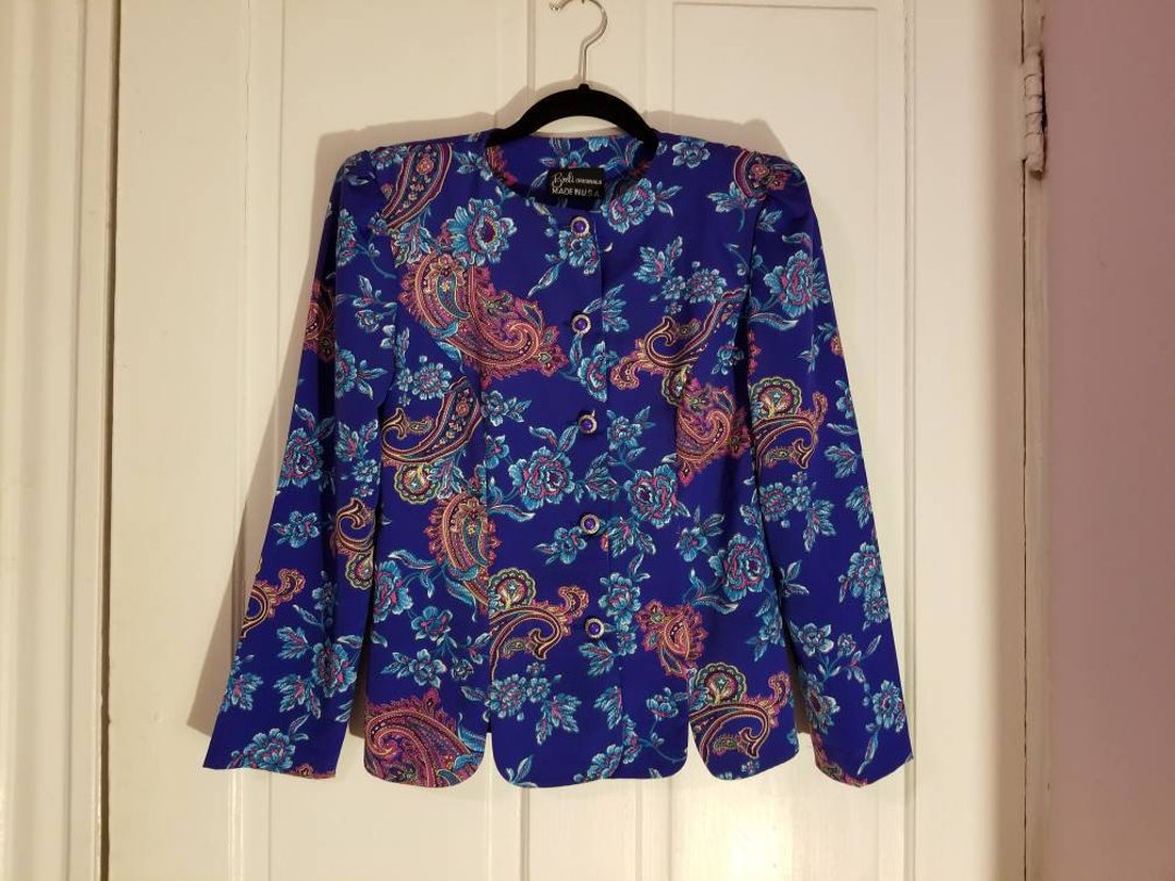 BRELI FLORAL BLAZER // 80's Paisley Print Blue Teal Pink Purple Suit ...