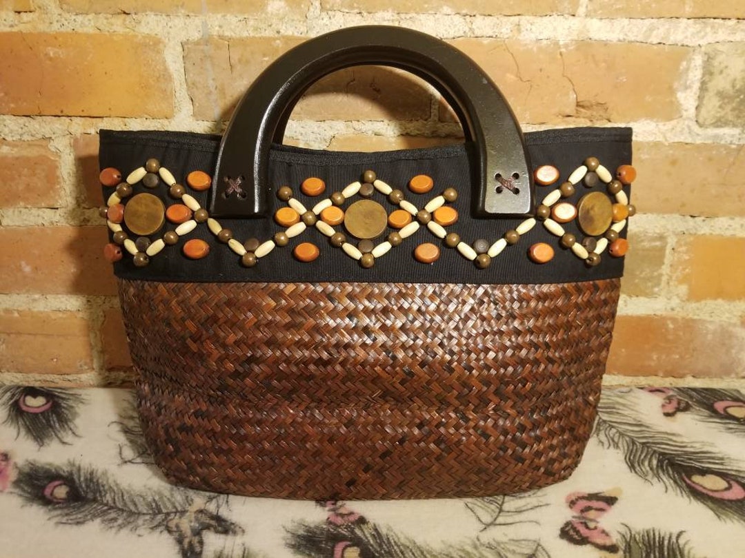 SUN N SAND PURSE // Vintage Woven Brown Straw Beads Beadwork Purse Tote ...