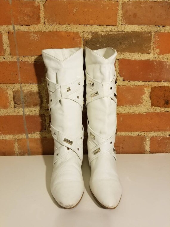 WHITE LEATHER BOOTS // Vintage Sexy 80's Rocker Silve… - Gem