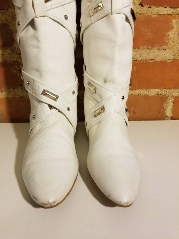 WHITE LEATHER BOOTS // Vintage Sexy 80's Rocker Silve… - Gem