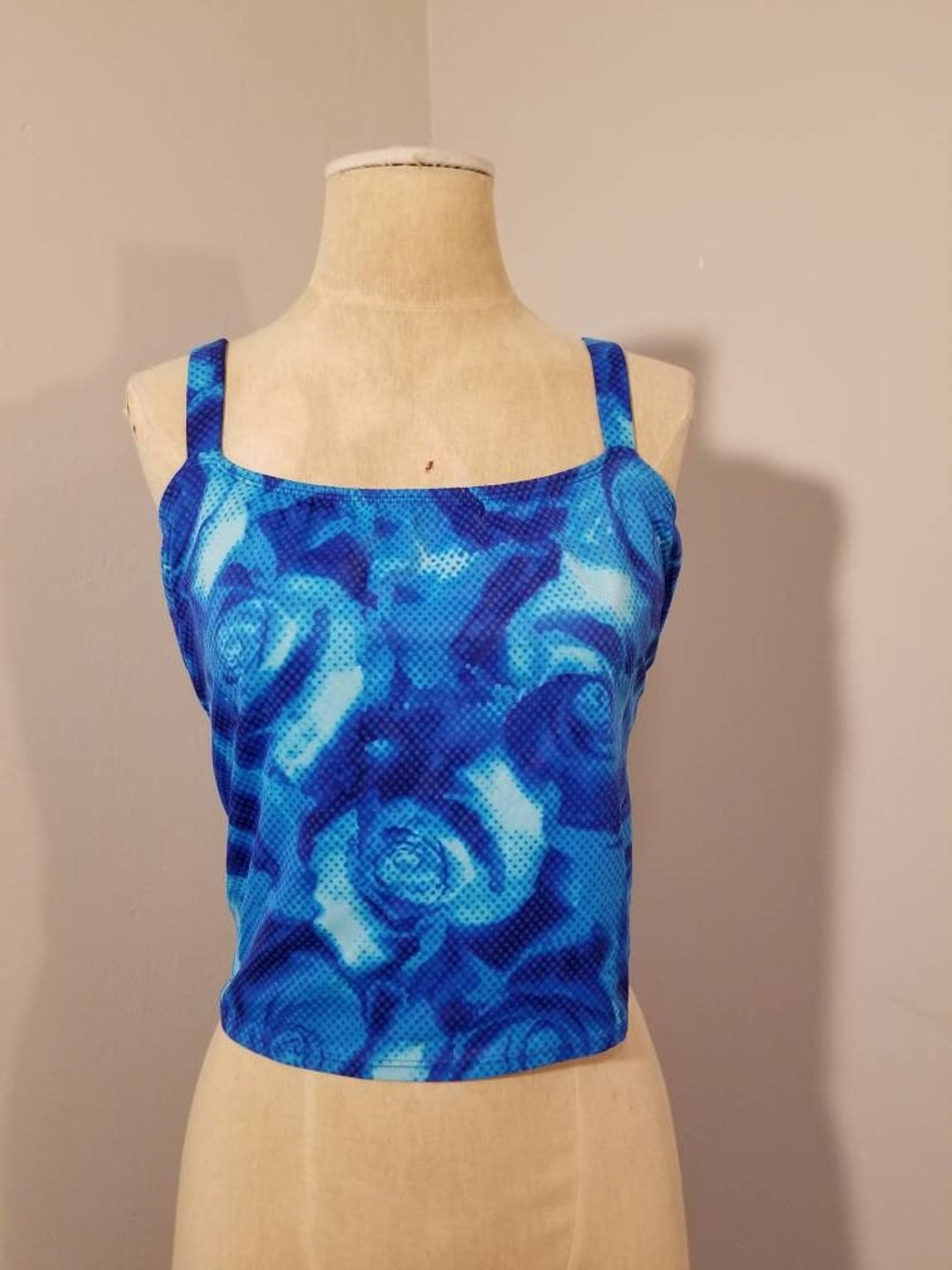 BLUE ROSE SWIM Top // 90's Delta Burke Collection Blue Flowers Pixel ...