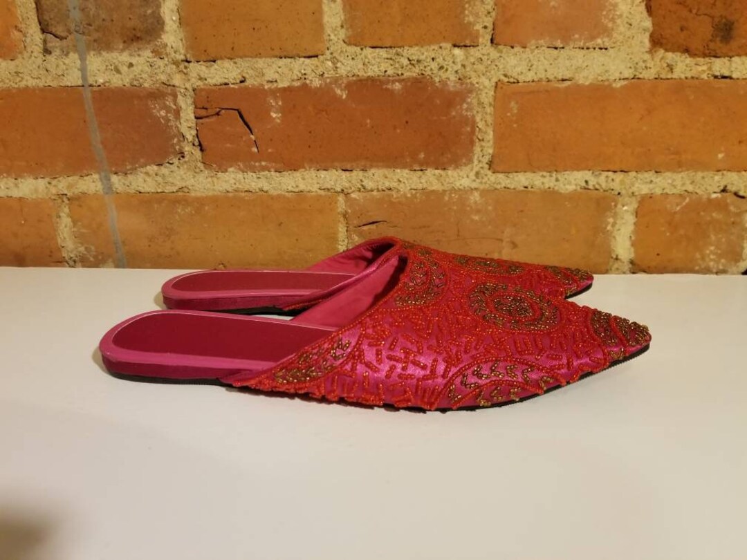 HOT PINK MULES // Vintage Beaded Ethnic Moroccan Slip on Flats - Etsy