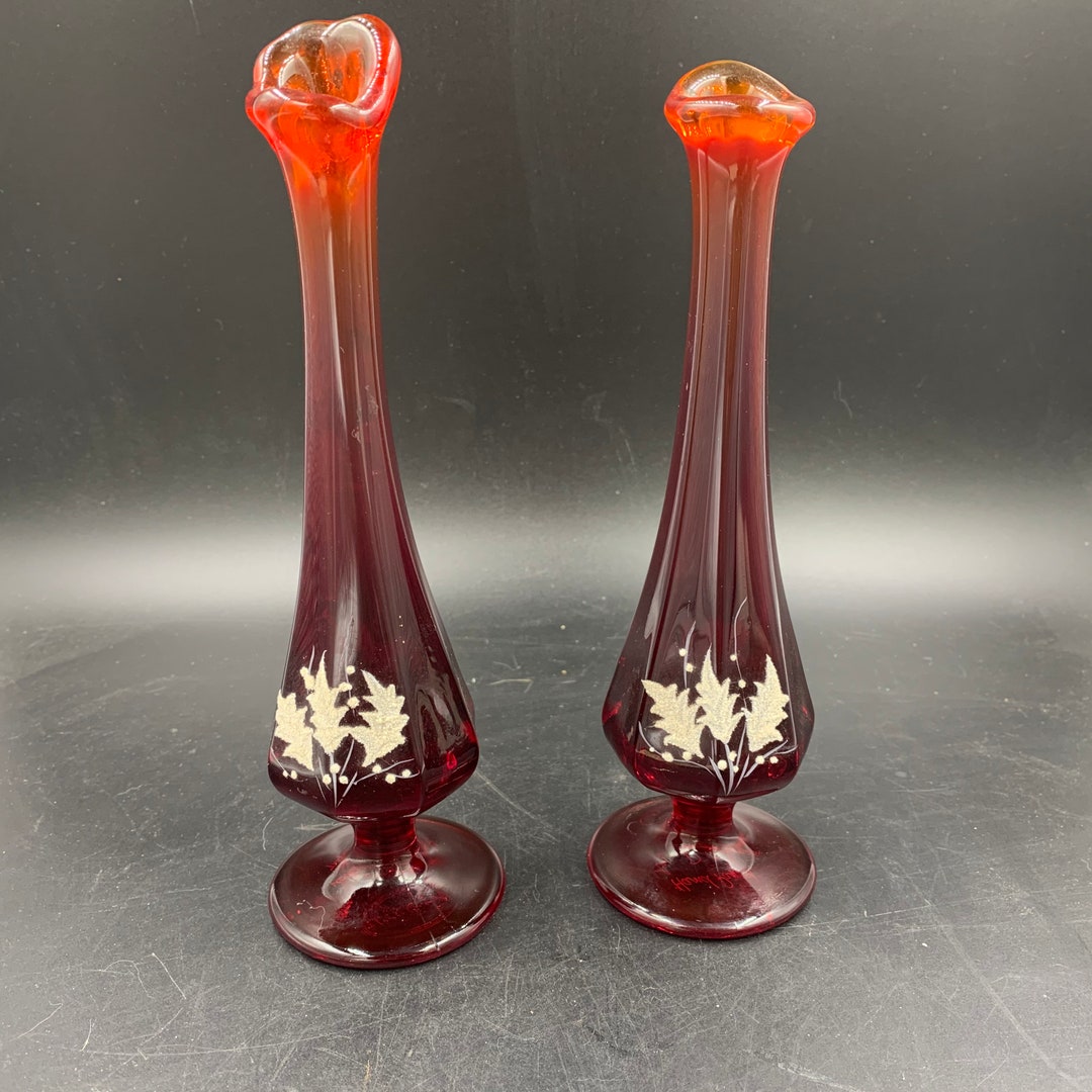 Fenton Ruby Red Swung Bud Vase Christmas Holly Signed Stamped ...