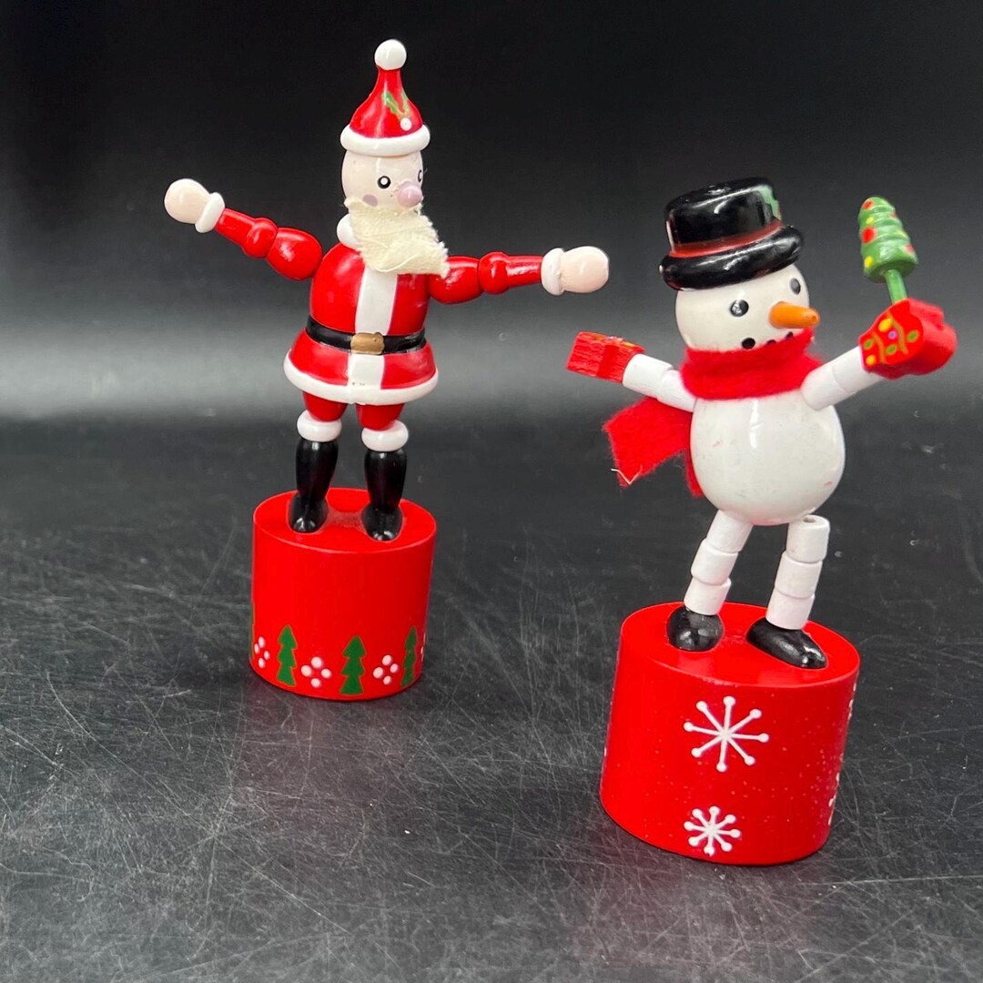 Retro Wood Push Puppet Thumb Toys Santa and Snowman Hand Painted FREE ...