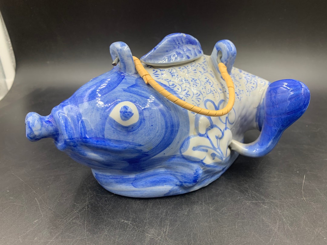 Koi Fish Teapot Blue and White Porcelain Figural Vintage Bamboo Handle ...